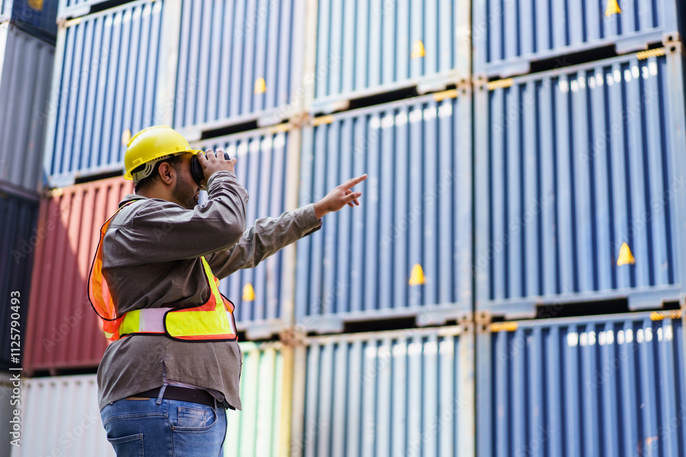 Engineer is performing an inspection of cargo containers and structure ...