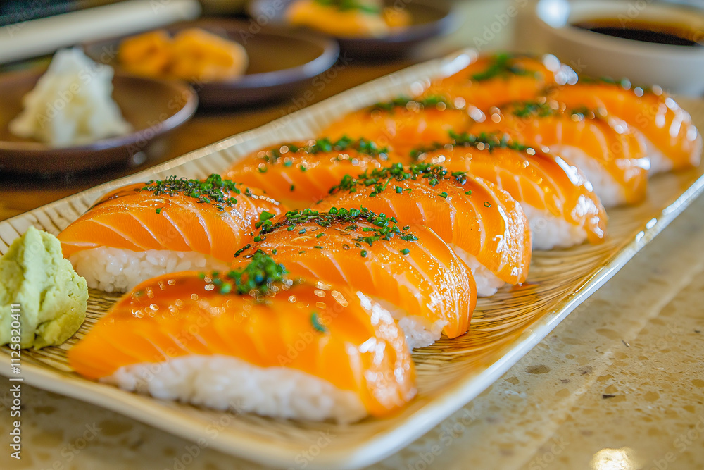 Overhead Japanese sushi food. Maki and rolls with tuna, salmon, shrimp ...