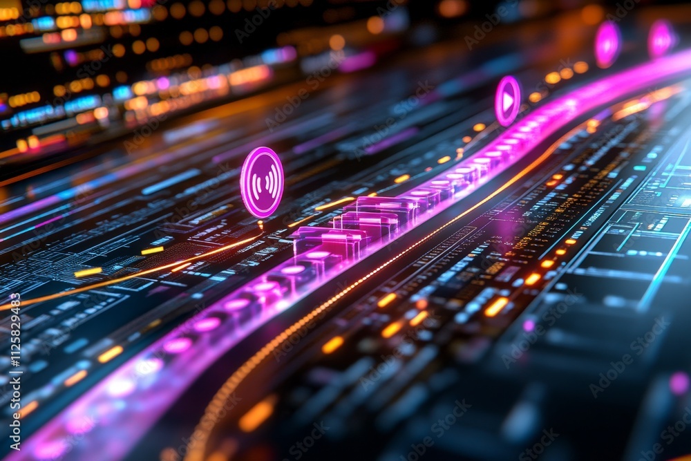 A stylized outline of a video editing timeline with colorful tracks and ...