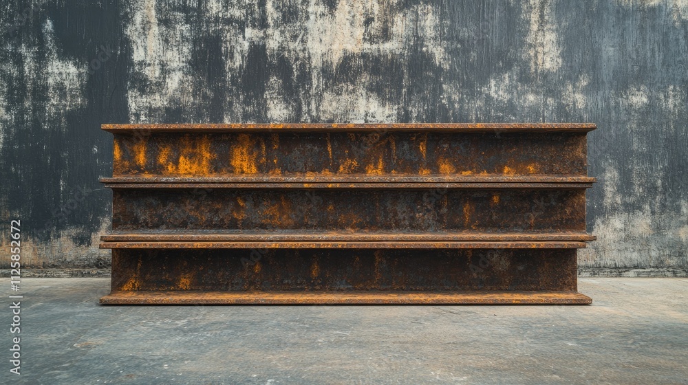 Industrial setting with a stack of corroded steel beams, showcasing ...