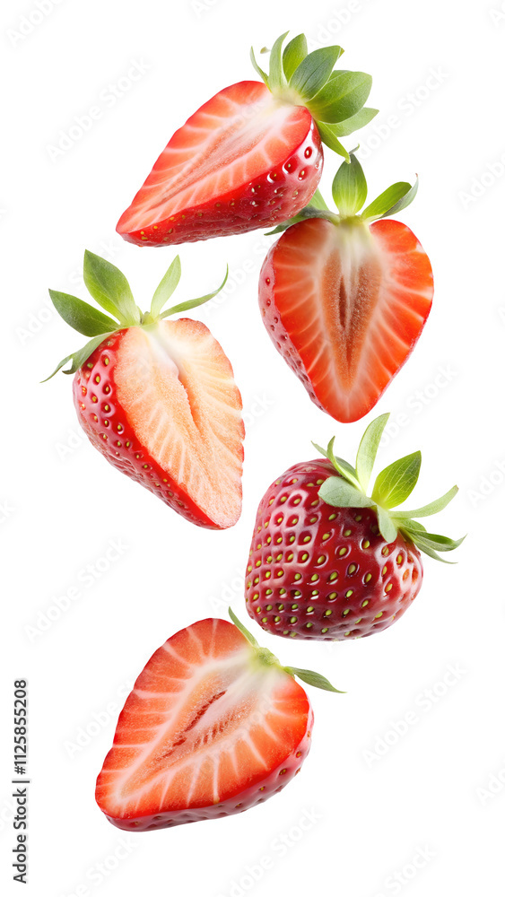 flying strawberries fruit and half slices isolated on transparent white ...