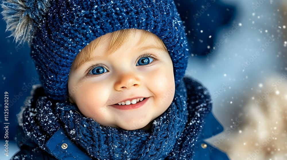 Funny little boy in blue winter clothes walks during a snowfall ...
