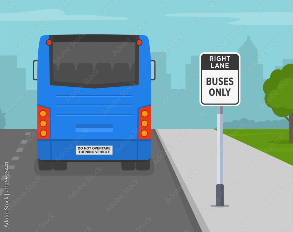 Safe driving tips and traffic regulation rules. Back view of a bus on ...