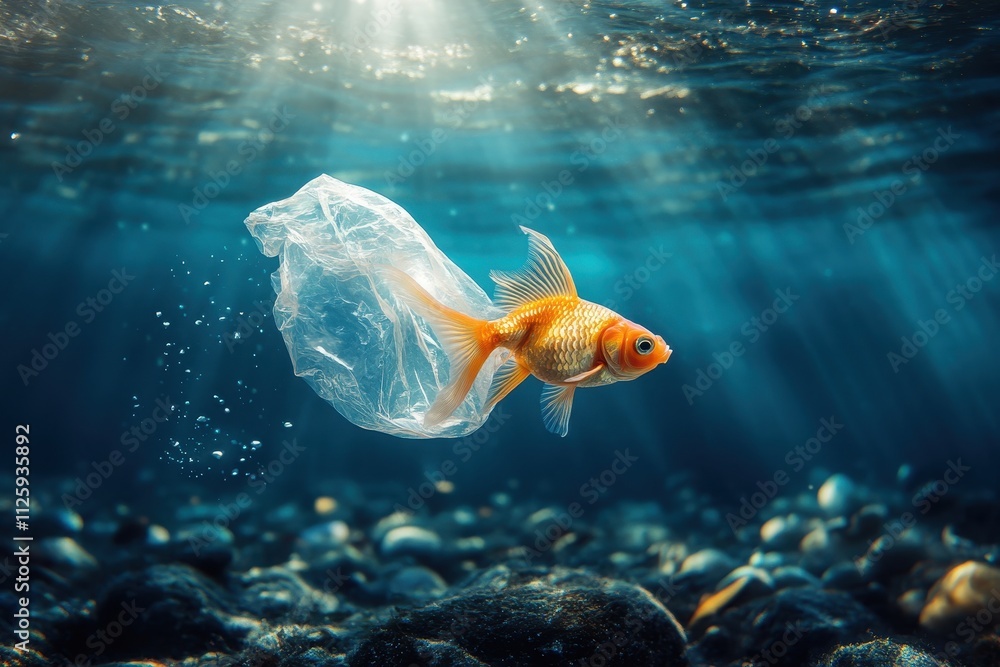 Goldfish swims near plastic bag underwater. Illustrates ocean pollution ...