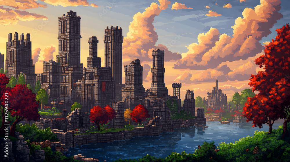 2D Pixel Art Dark Fantasy Game Level of Ancient Ruins at Sunset with ...