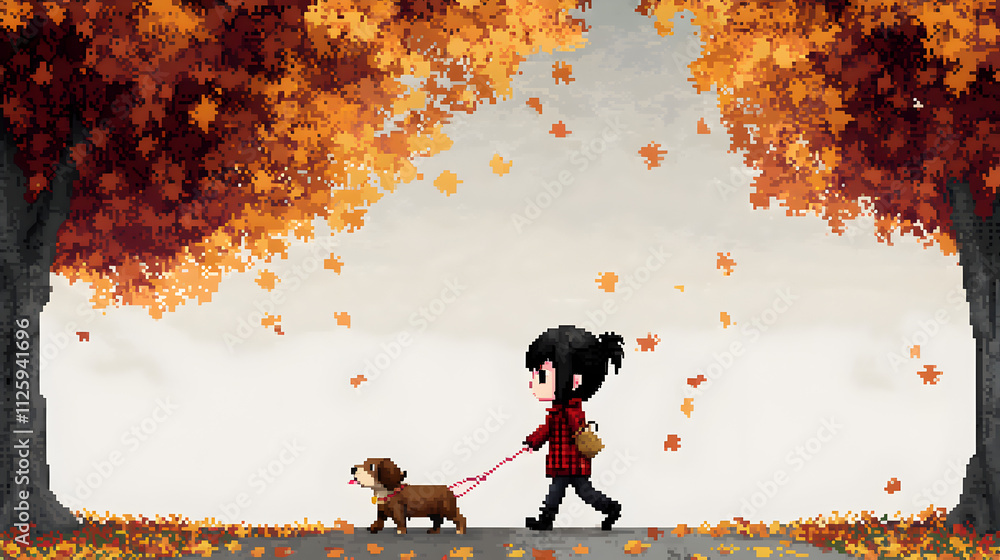 Ilustración de Stock Cute pixel art of an anime girl walking her dog ...