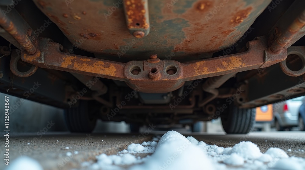 Minimalistic view of a rusted car undercarriage, showcasing visible ...