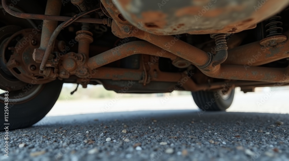 Minimalistic view of a rusted car undercarriage, showcasing visible ...