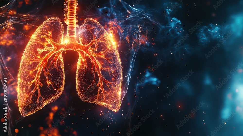 An abstract visualization of the human respiratory system with glowing ...
