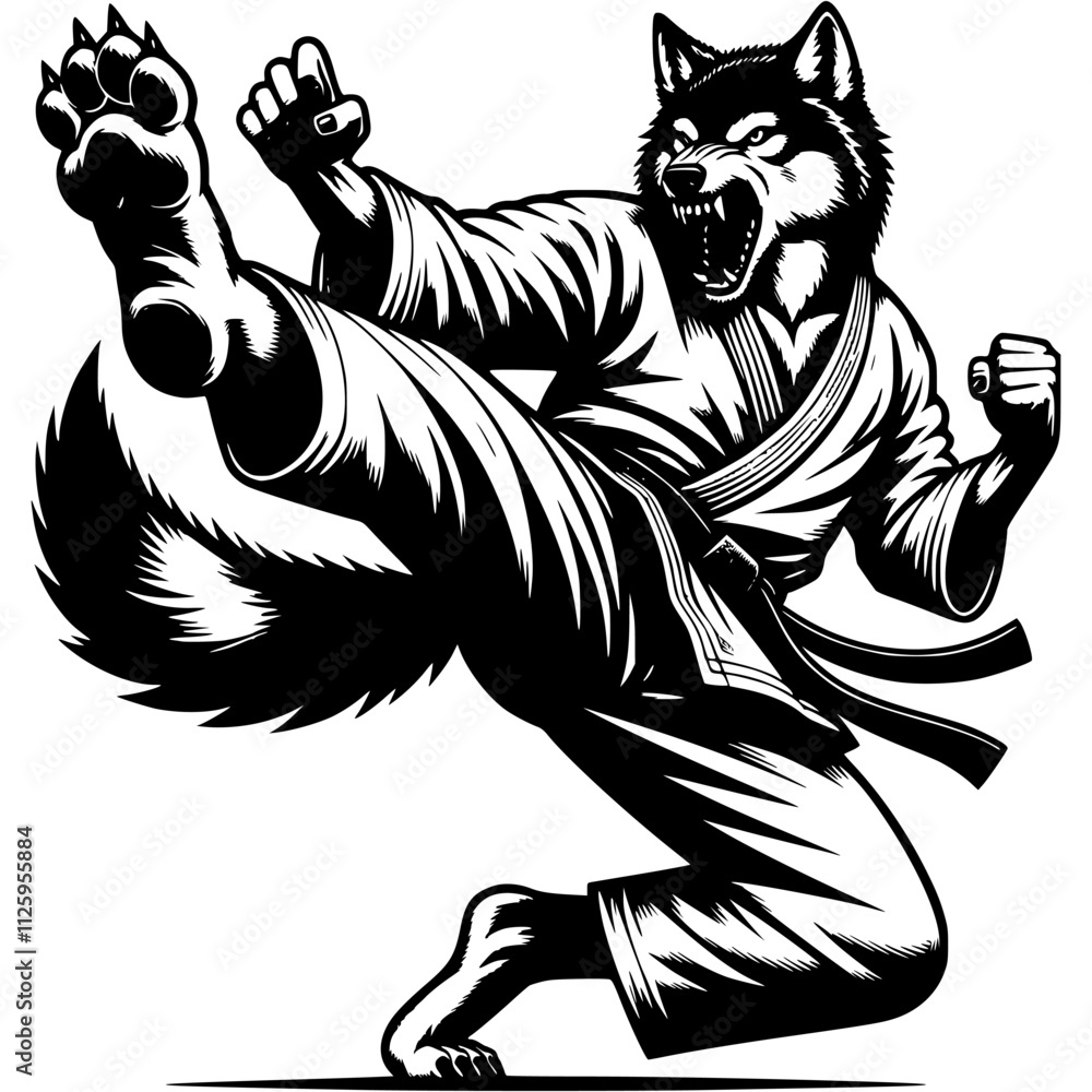 Karate wolf athlete throws straight kick in attacking position in ...
