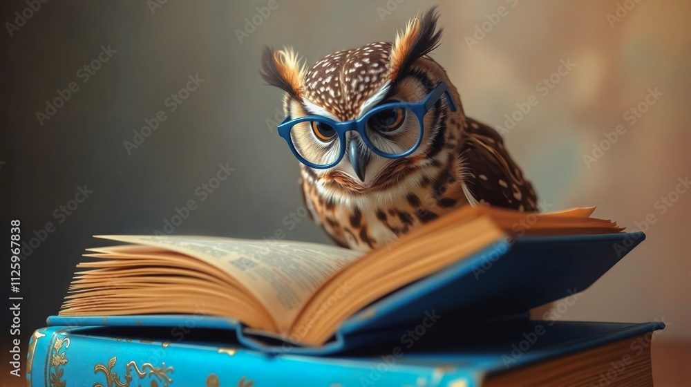 Owl Scholar Perched on Open Book, A wise owl wearing blue spectacles ...