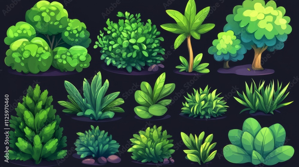36.A colorful vector set of cartoon bushes, each bush featuring playful ...