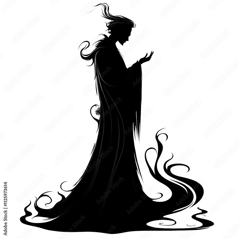 2D full body illustration of a scary evil sorcerer isolated on a white ...