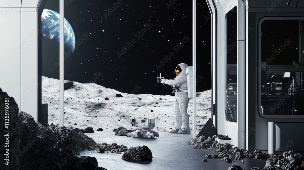 An astronaut conducting experiments with robotic assistants in a lunar ...
