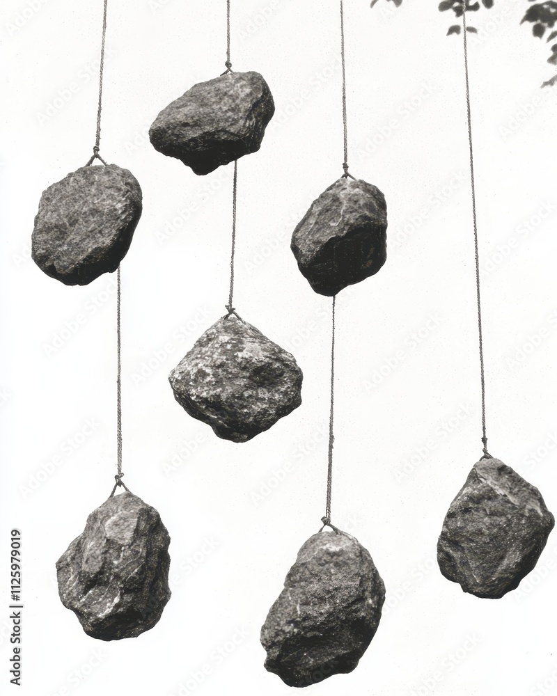 Hanging rocks suspended by strings against a plain background. Stock ...