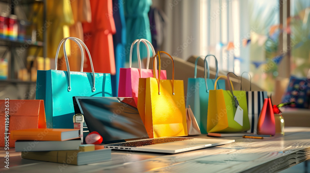 Online shopping illustration featuring a digital store with a modern e ...