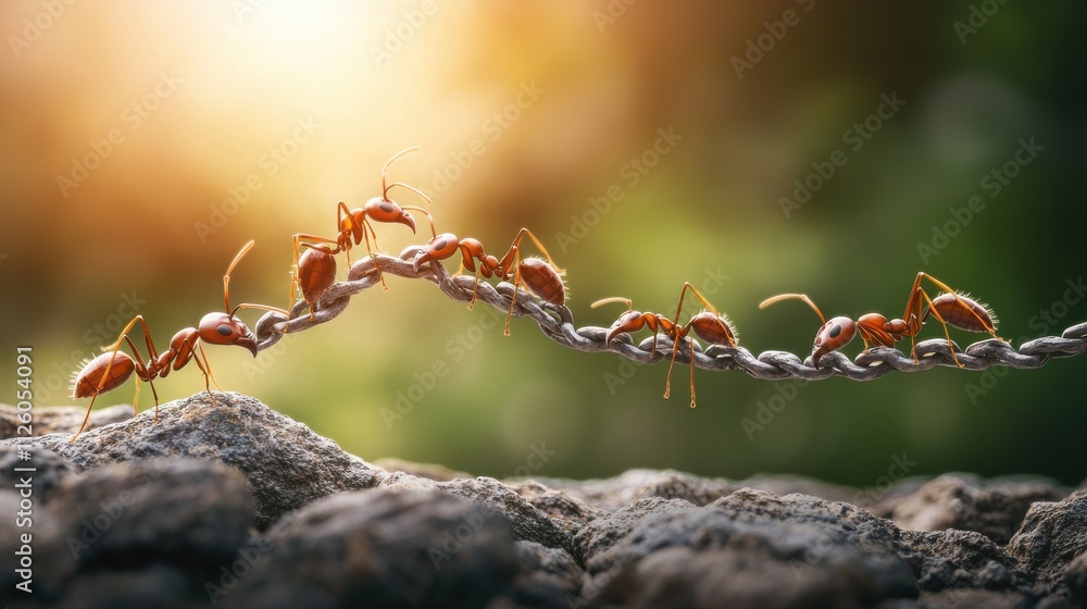 Teamwork of ants forming a chain to carry a large crumb across rocks in ...