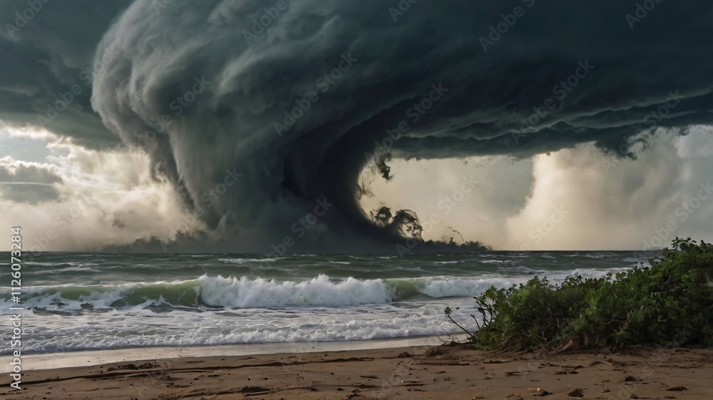 Supercell Tornado Over Beach with Dramatic Storm, Turbulent Waves V2 ...
