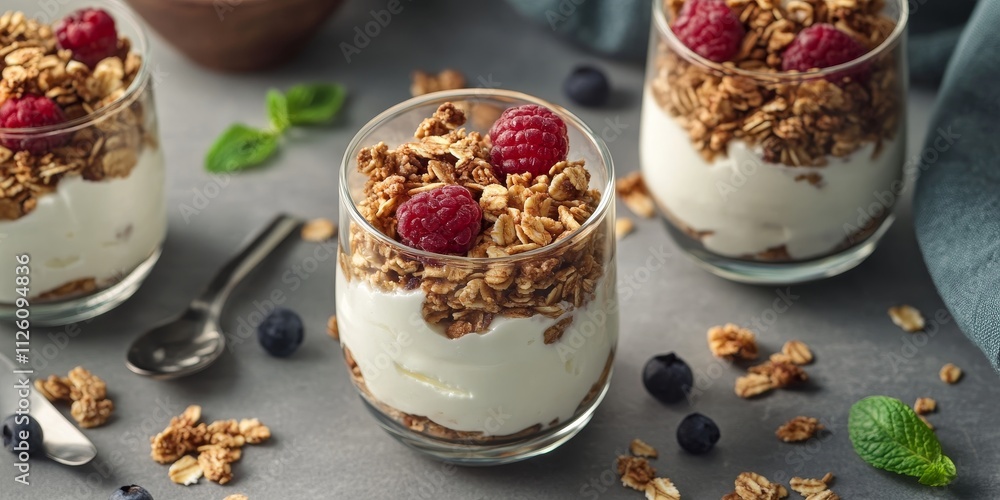 Detailed photo showcasing granola and yogurt, highlighting the textures ...