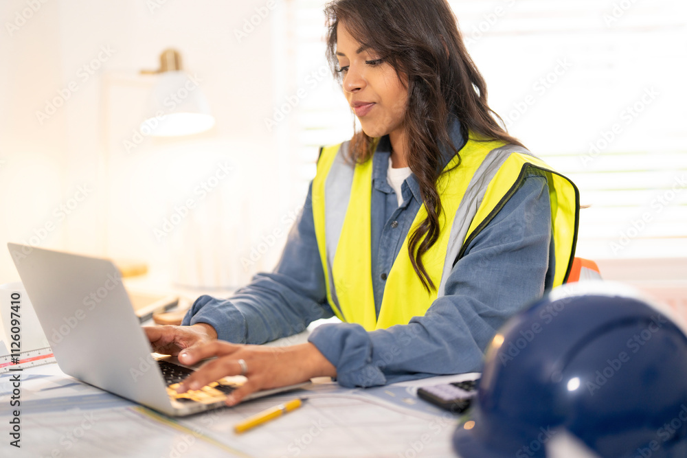 Pretty woman construction professional working on plans in office with ...