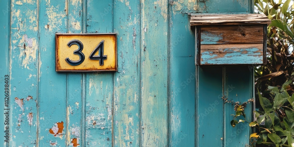 Painted sign featuring house number 34, highlighting the artistic ...