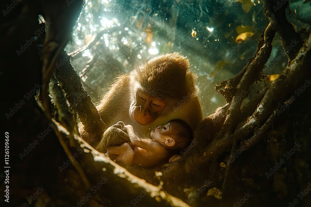 Foto Proboscis monkey baby playing in mangrove tree. Female proboscis ...
