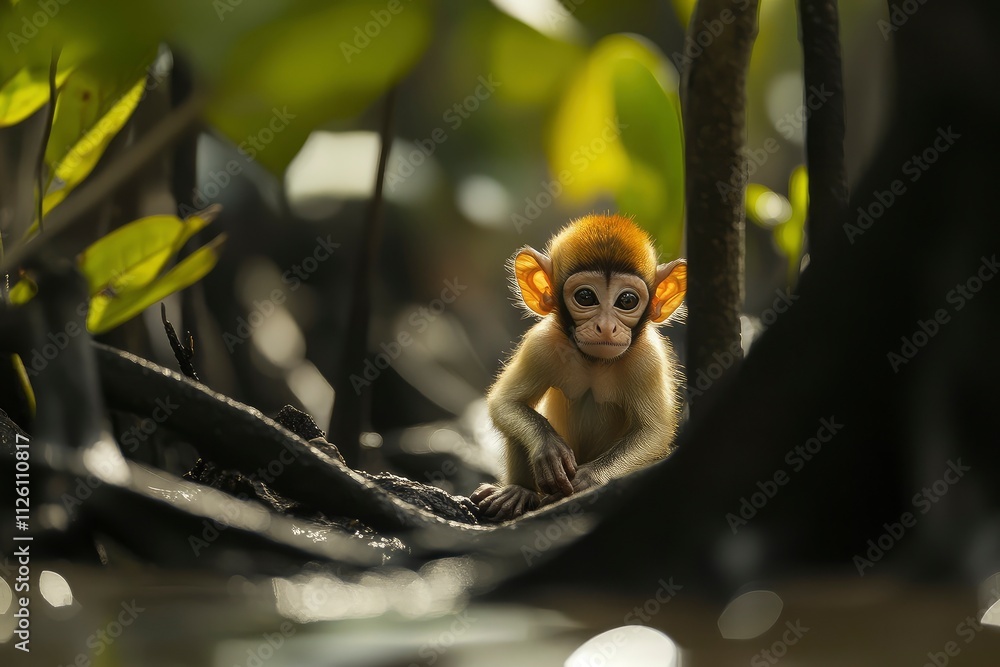 Proboscis monkey baby playing in mangrove tree. Female proboscis monkey ...