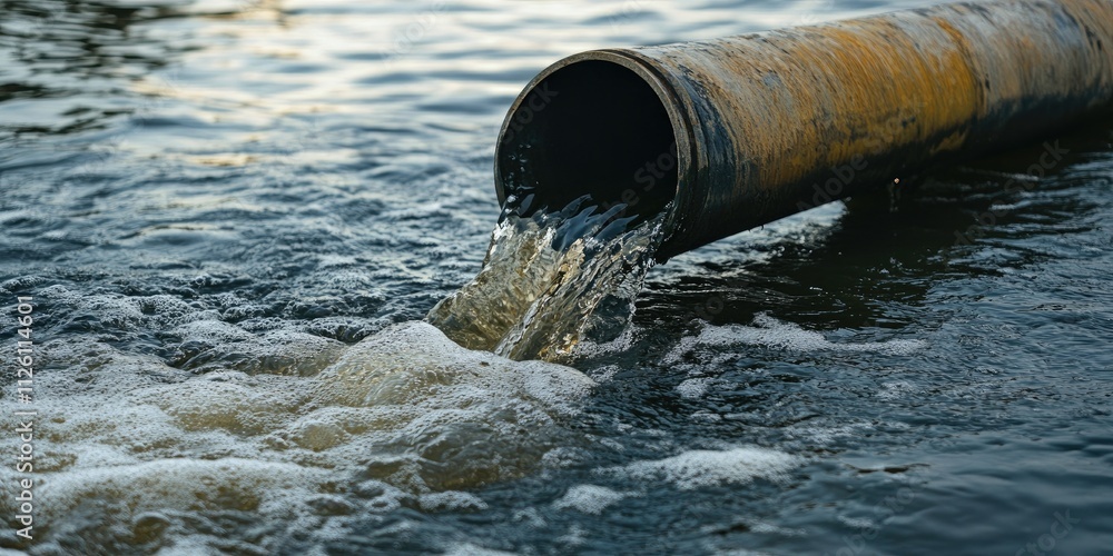 Contaminated water from a wastewater sewage pipe flows into the river ...