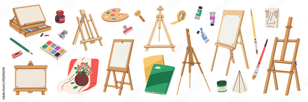 Cartoon easels and artist tools. Painting accessories. Paints palette ...