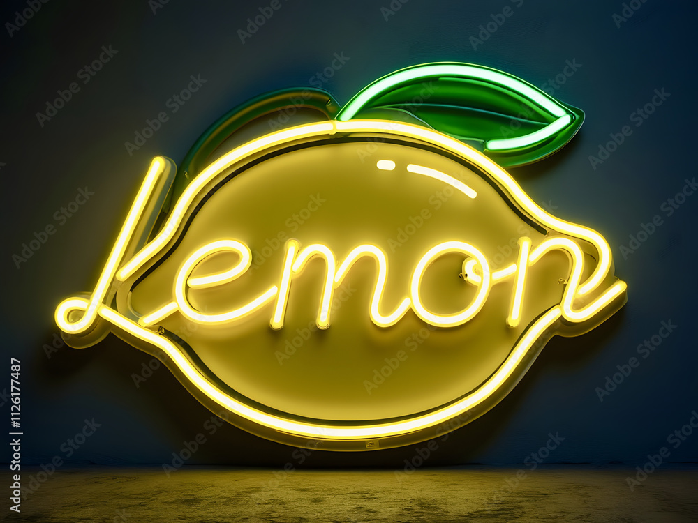 Bright lemon neon sign illuminating a wall in a modern urban cafe space ...