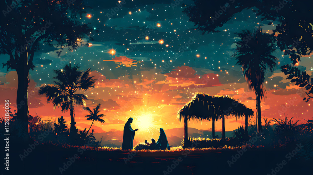 Boho style painting representing Nativity scene in Bethlehem. Christmas ...