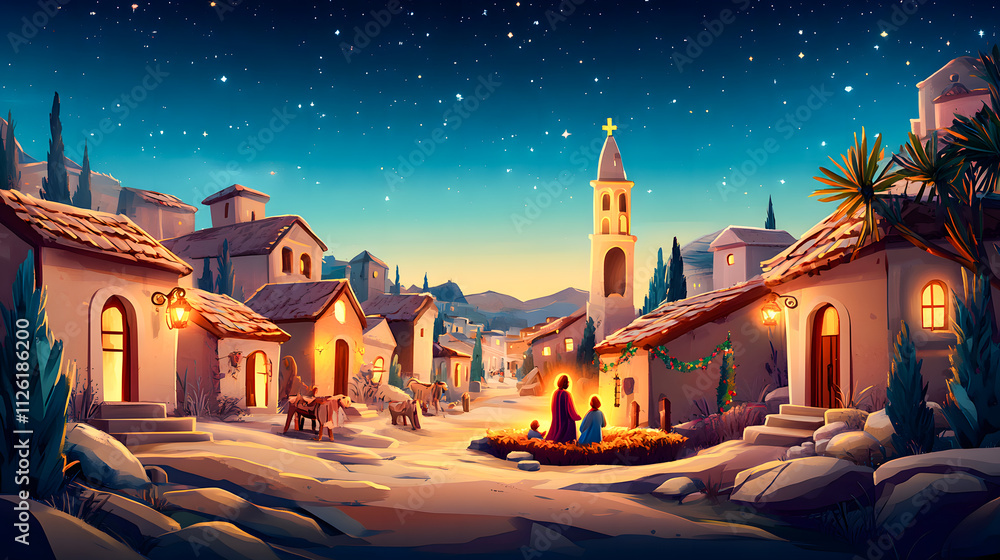 Boho style painting representing Nativity scene in Bethlehem. Christmas ...