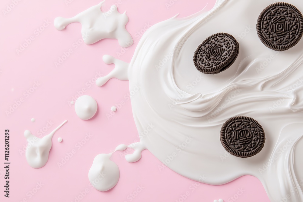 Chocolate sandwich cookies splash into a pool of fresh milk, creating a ...