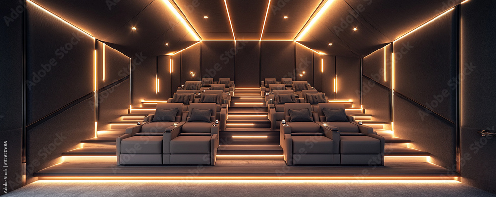 Luxe private cinema with custom-designed seating and ambient light ...