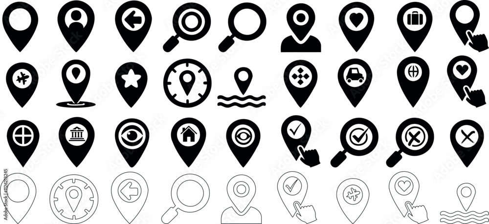 Location icon set, navigation pointers, magnifying glass, search markers vector illustration ...