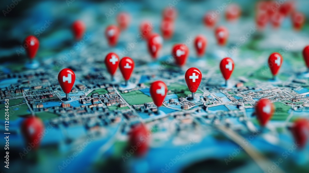 City Map with Varied Red Pins Showing Detailed Landmarks, Plus Symbol ...