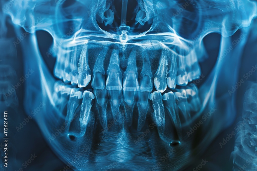 The X-ray displays a detailed view of a human skull, focusing on the ...