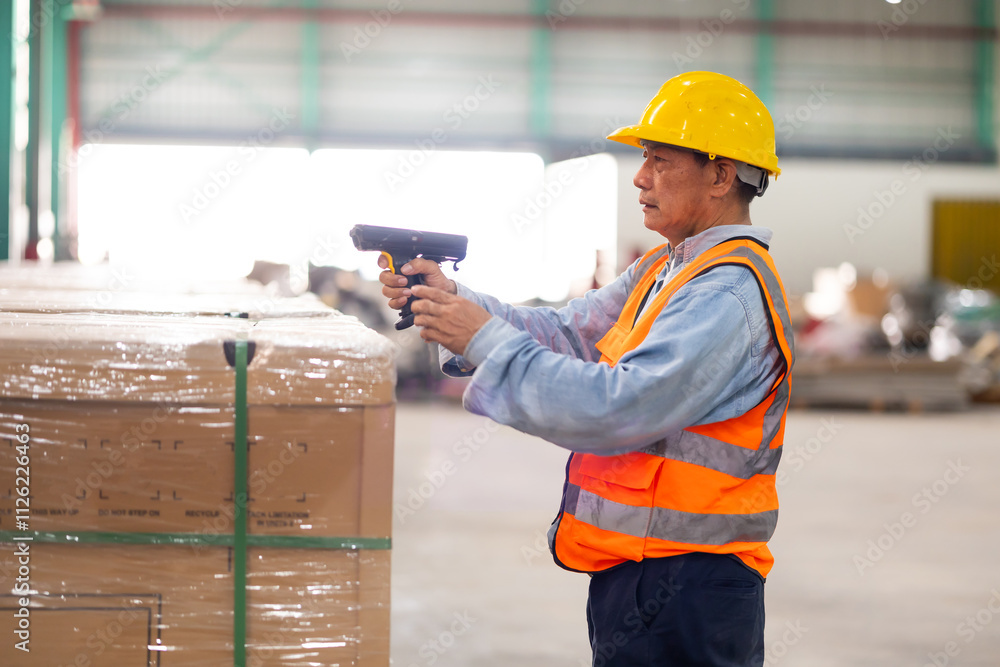 Warehouse staff working on barcode scanner handheld scanning a barcode ...