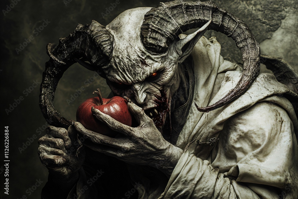 Scary horned demon biting a red apple, wearing a white robe, in a dark ...