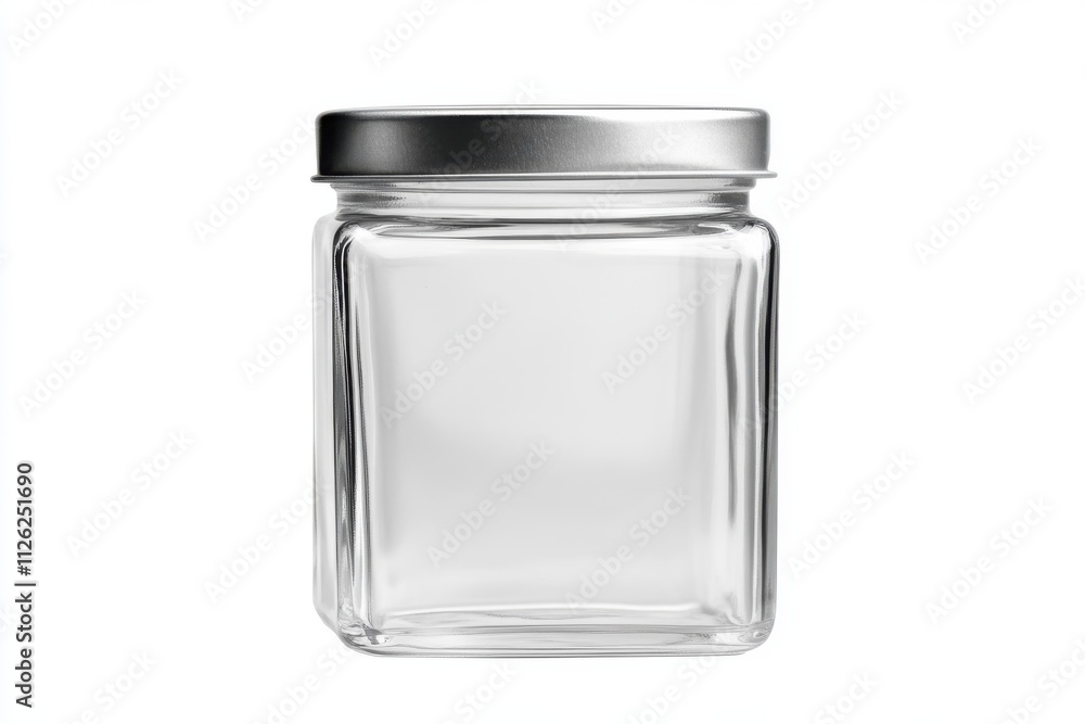 A square shaped clear glass jar with a silver metal screw on lid Stock ...