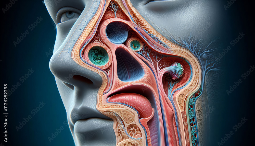 3D cross-sectional illustration of human nostrils and nasal cavity ...