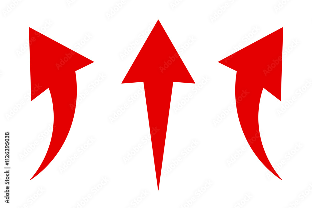 A simple, red, straight, curved arrows point to the up on a white ...