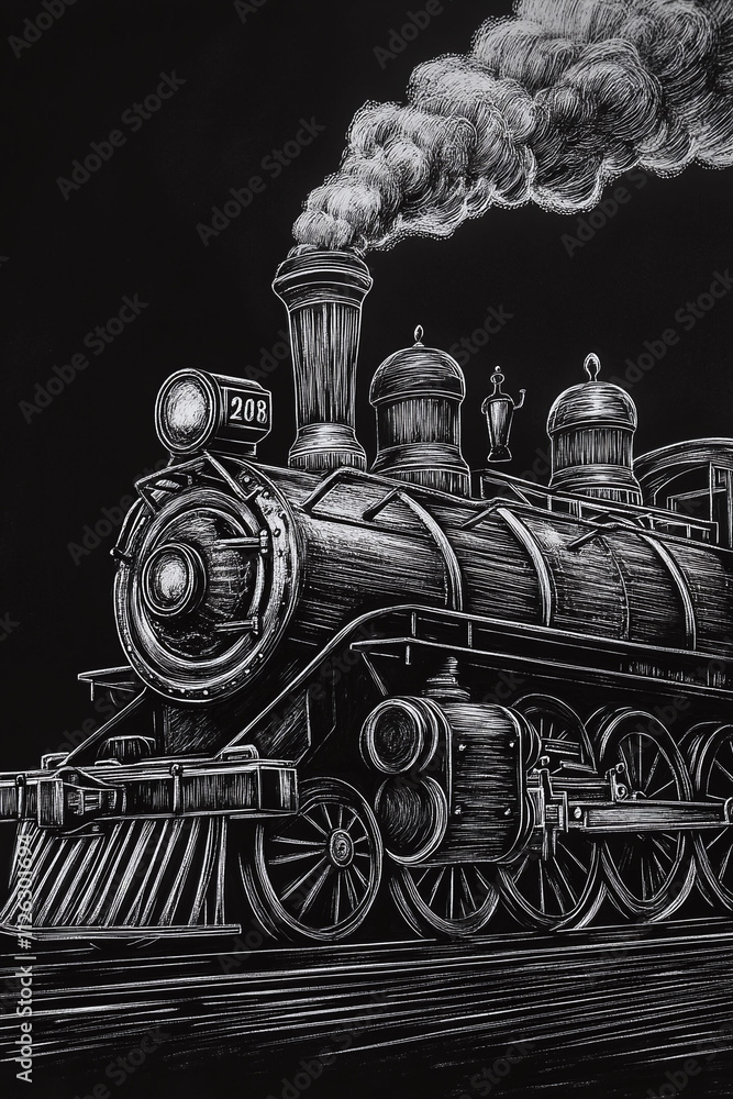 Scratchboard-style engraving of a vintage steam locomotive detailed ...