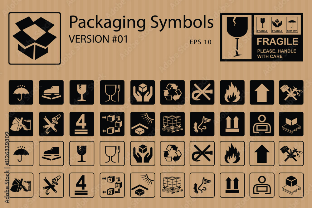 Corrugated Box Packaging and warning symbols set, fragile cargo icons, fragile package warning ...