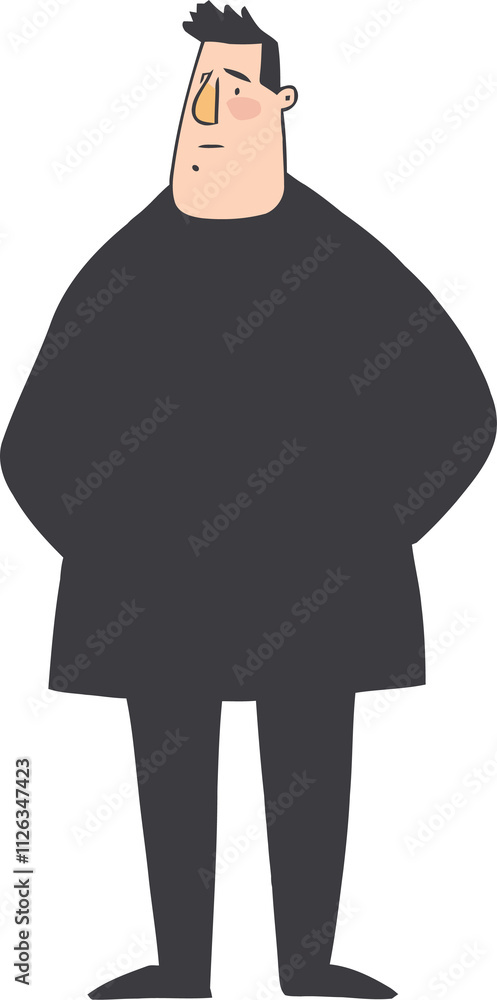 Cartoon Image of a Stoic Man Standing with Hands Behind Back in a Pale ...