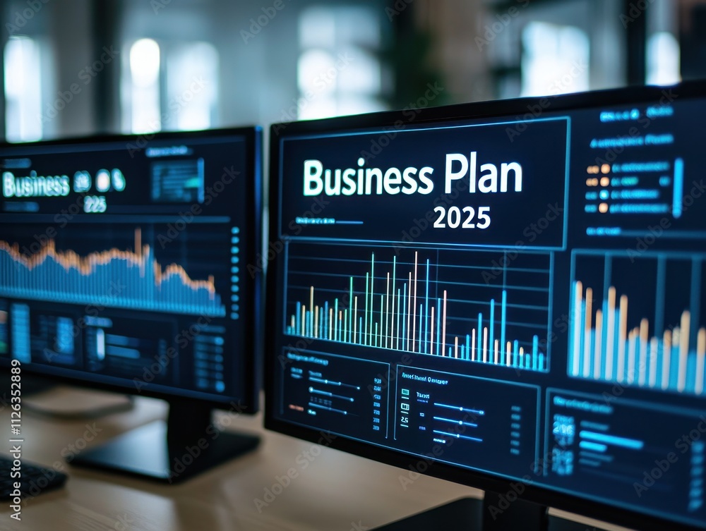 Screens displaying a business plan with charts and graphs for 2025 ...