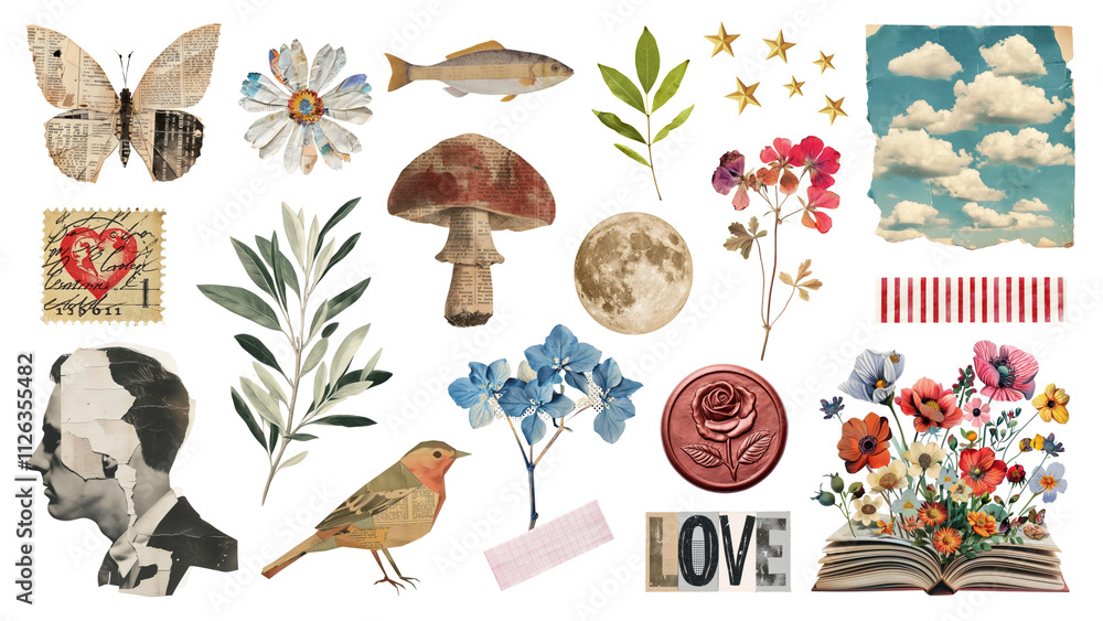 PNG vintage ephemera scrapbook collage design element set, transparent ...