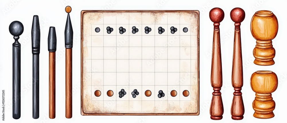 vintage game board with wooden pieces and grid layout, featuring black ...