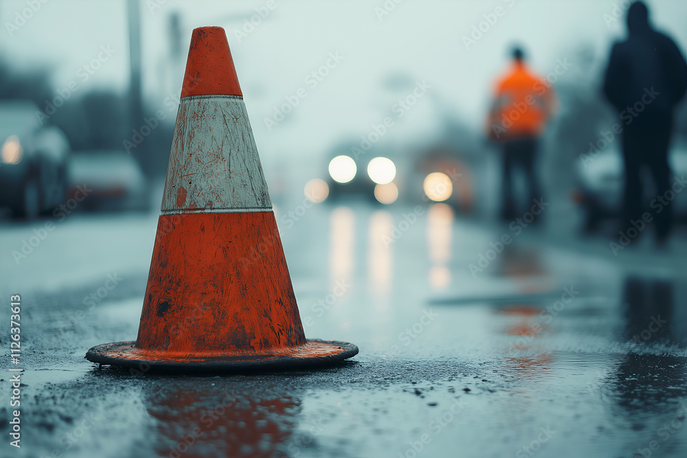 City street with traffic cones for lane closure, Traffic cones on road ...