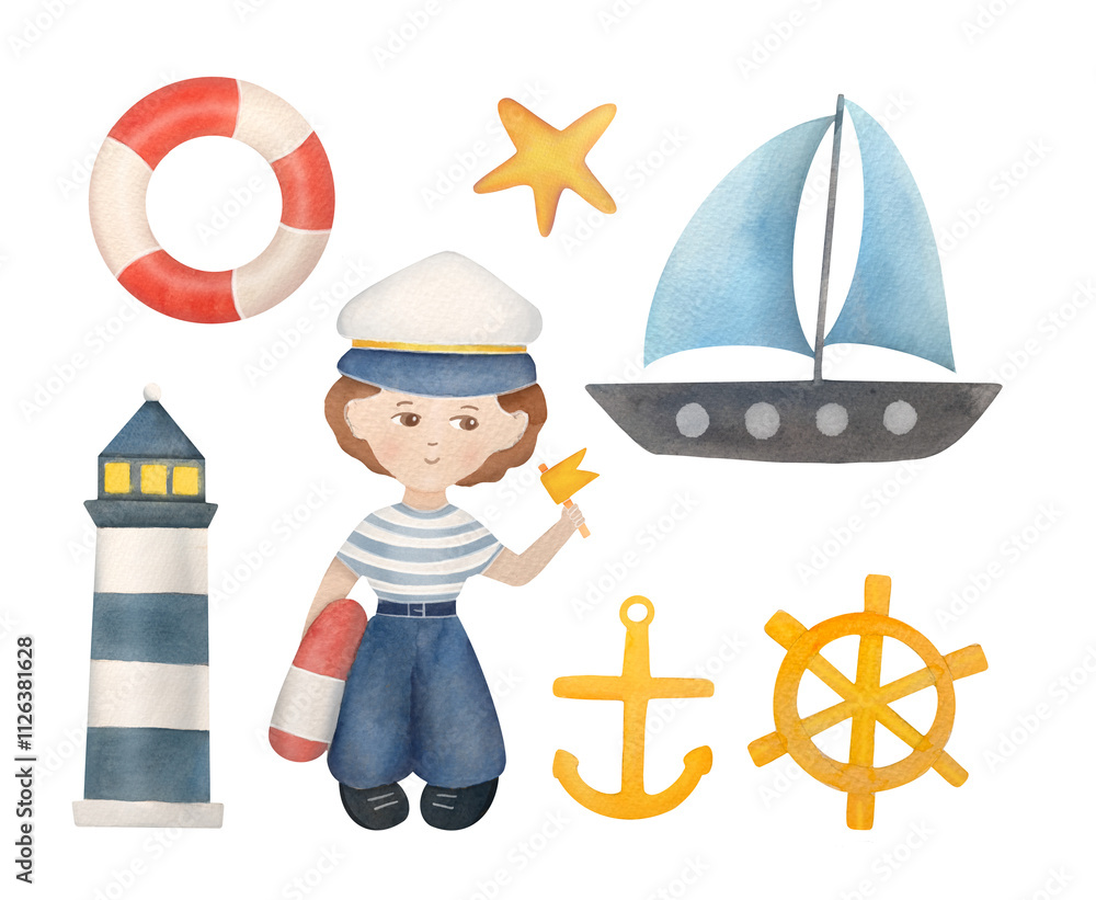 marine set with illustration of sailor, sailing ship, lighthouse ...